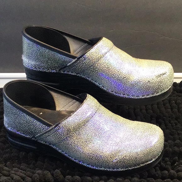 Dansko | Shoes | Dansko Shagreen Iridescent Silver Leather Clogs | Poshmark